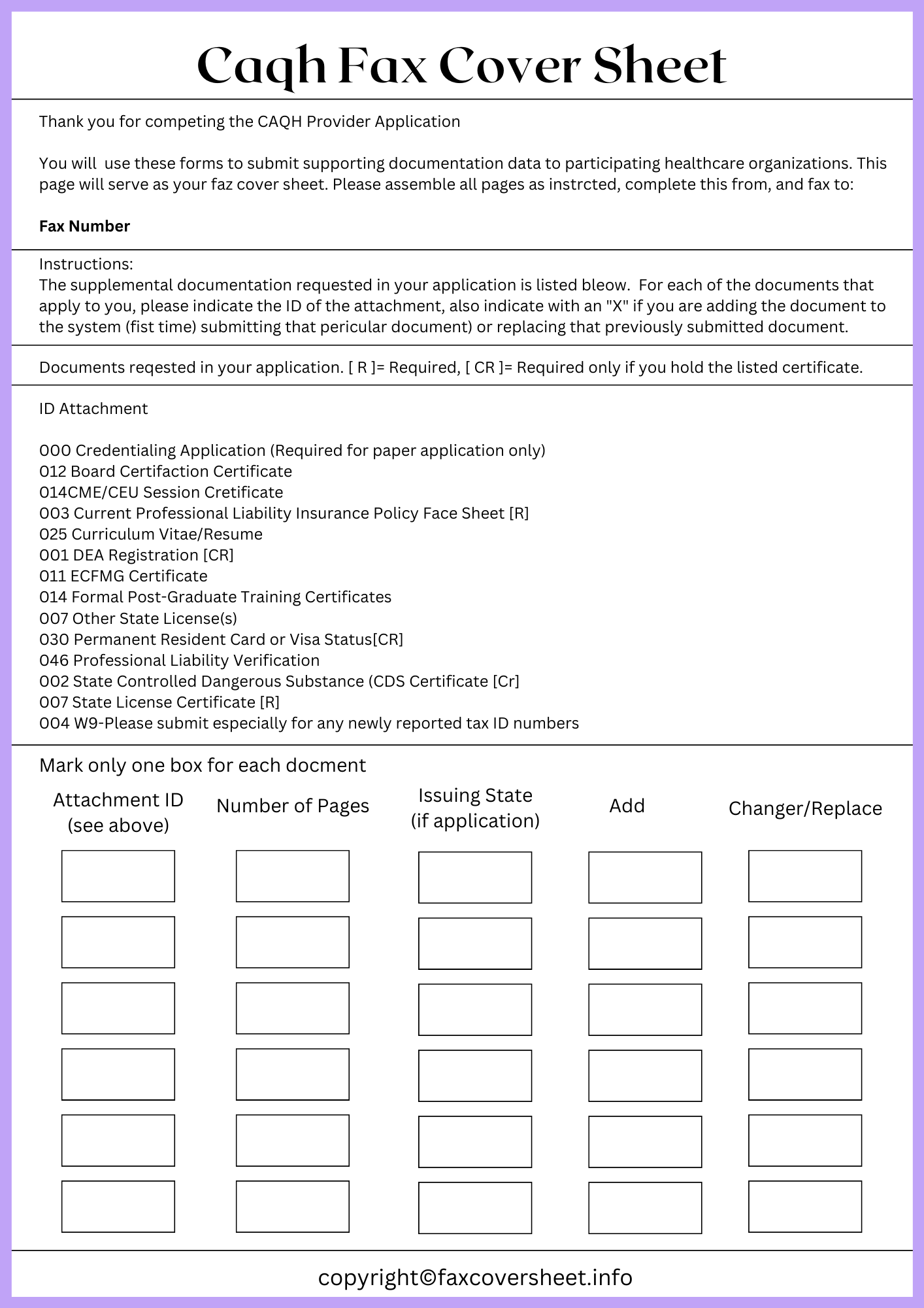CAQH Fax Cover Sheet Printable Template in PDF